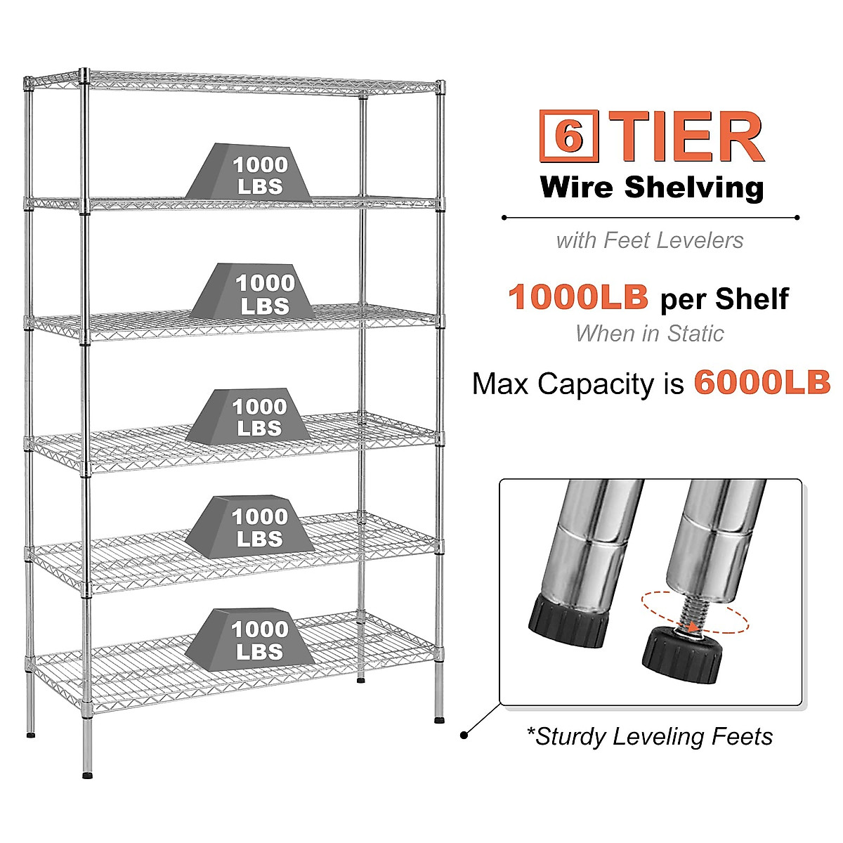 6-Tier Wire Shelving Unit 6000lb Capacity NSF Heavy Duty Steel Height Adjustable Storage Shelves with Wheels, 18" L x 48" W x 76" H Metal Shelf - Chrome