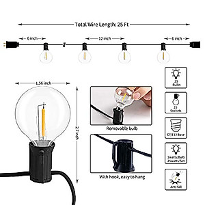 LED Globe String Lights Outdoor G40 25Feet with 27 LED Shatterproof Clear Globe Bulbs (2 Spare), Warm White Connectable Patio Lights for Backyard Garden Pergola Tents Gazebo Party Decor,Black Wire