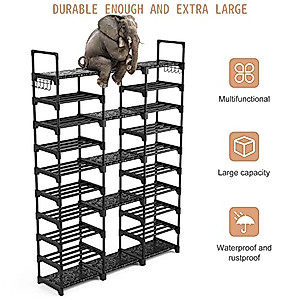 VTRIN Upgrade Shoe Rack Shoe Organizer for Entryway 10 Tiers Holds 54-62 Pairs Shoe and Boots Shelf Organizer Storage Organizer for Closet Durable Metal with Versatile Hooks for Bedroom Garage