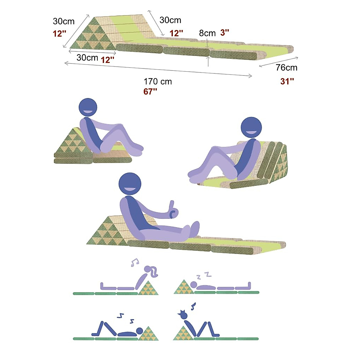 Leewadee Comfortable Japanese Floor Mattress - Thai Floor Bed with Triangle Cushion - Futon Mattress - XL Extra Wide Thai Massage Mat, 67 x 31 inches, Blue, Kapok Filling