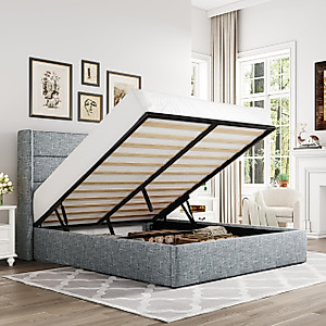 Allewie Full Size Lift Up Storage Bed, Modern Wingback Headboard, Hydraulic Support, No Box Spring Needed, Grey Blue