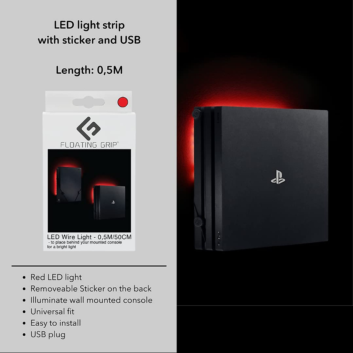 FLOATING GRIP USB LED Light Strip Mood Lighting Accent & Gamer Decor for Video Gaming Consoles & Game Rooms - Compatible with PlayStation or Xbox - Adhesive Strips (0.5 Meter, Red)