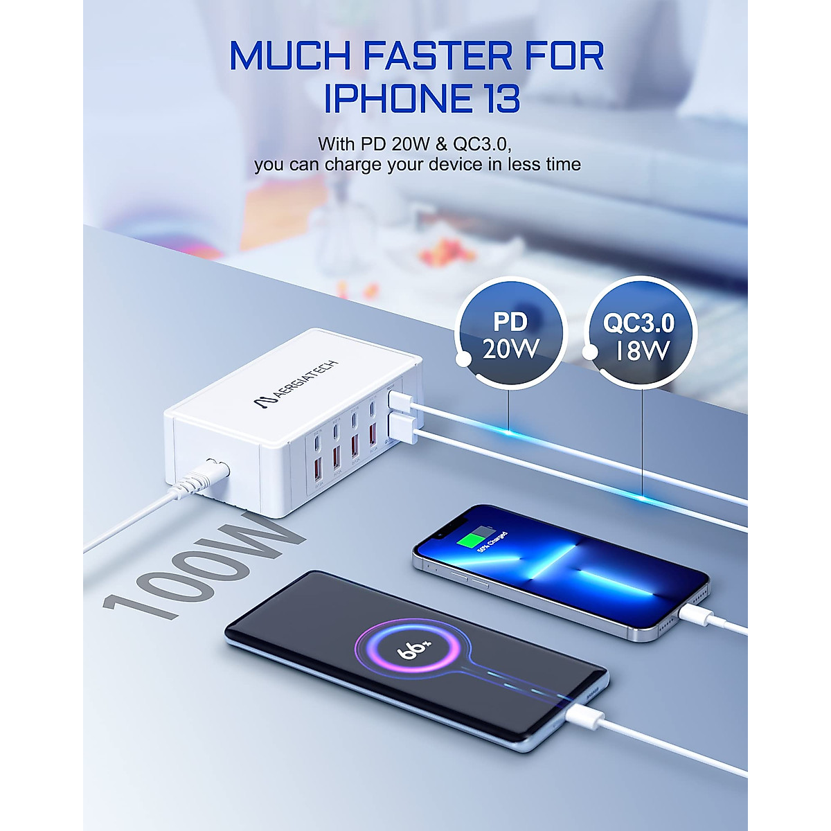 Aergiatech USB C Charger Station, 10-Port 100W Charging Hub with PD3.0 and QC3.0 Fast Charging for Multiple Devices, Compatible with iPhone 15/Pro/14/13, iPad Air/Pro, Galaxy -White