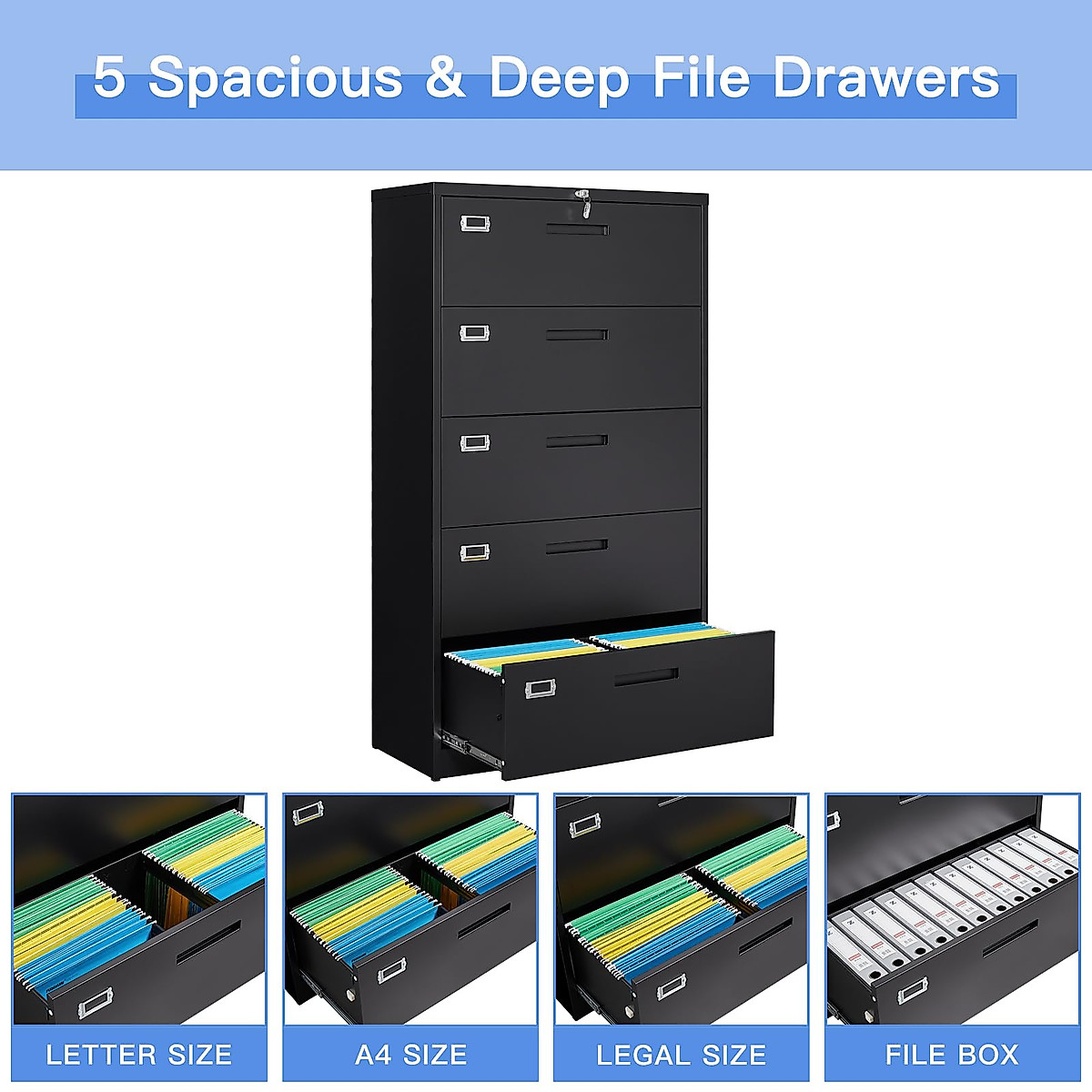 Yizosh 5 Drawer Black File Cabinet with Lock, Filing Cabinet for Home Office, Metal Locking Office File Storage Cabinet with Drawers, Lateral Filing Cabinet Organizer for Letter/Legal/F4/A4