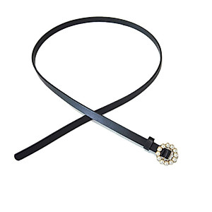 Women's Faux Leather Pearl Round Buckle Slim Waist Belt (Black)