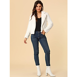 Allegra K Women's Cropped Faux Fur Jacket Lapel Cardigan Shrug 2024 Winter Fluffy Faux Fur Coat Large White