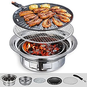 Puraville Charcoal Barbecue Grill, 13.7 Inches Non-Stick Korean BBQ Grill, Portable Stainless Steel Charcoal Stove for Home Party Outdoor Camping