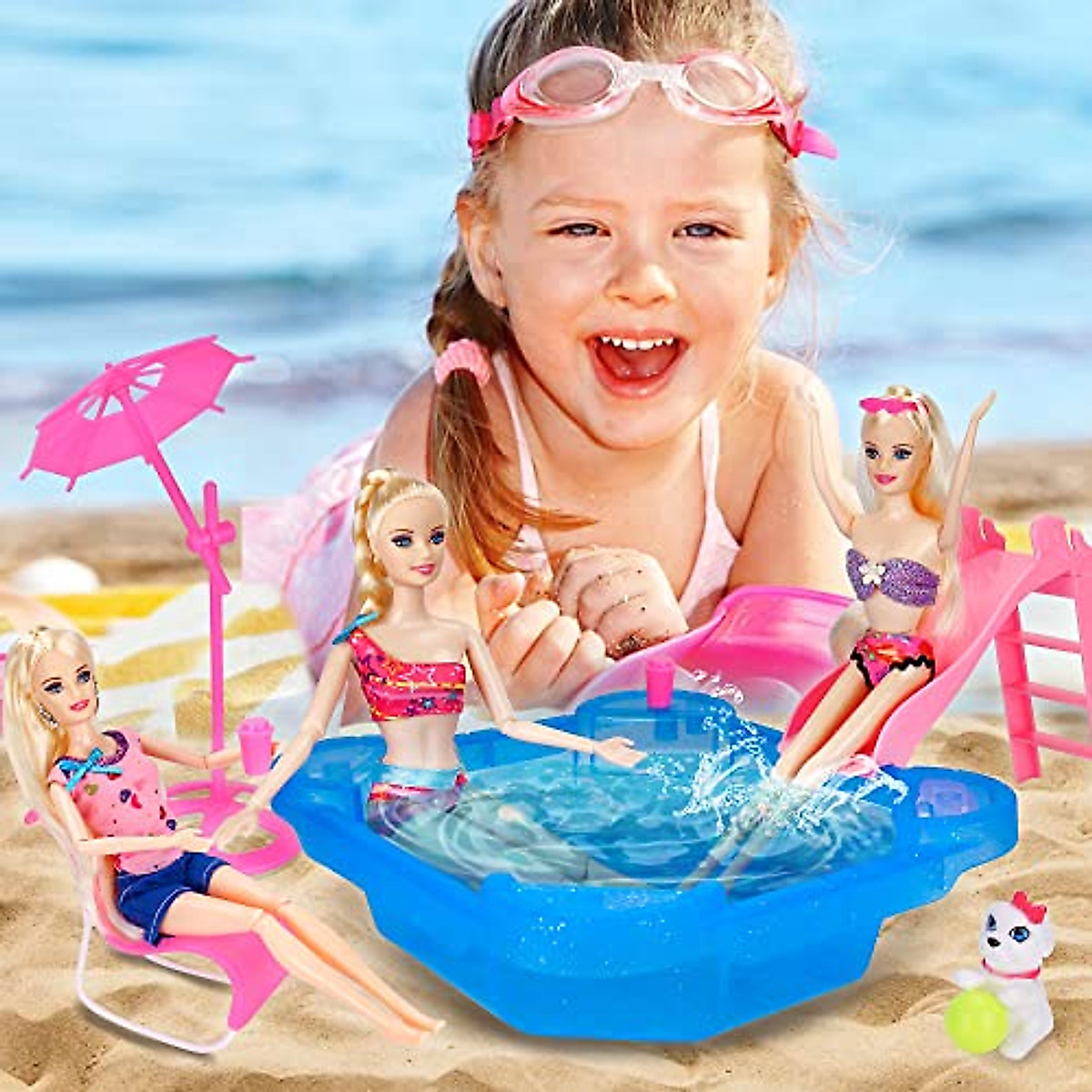 Deluxe Doll Pool Play Set, Doll Glam Pool with Slide&Dolls Accessories&Beach Umbrella&Chair, Suitable for Dolls Up to 12 Inch, Kids Gifts for 3 to 7 Year Olds Girls, Bath Toys for Toddlers