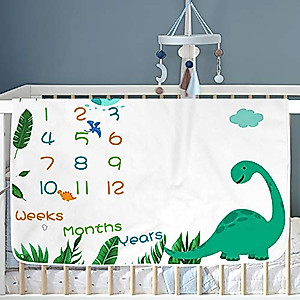 Decoroca Dinosaur Baby Monthly Milestone Blanket - Perfect for Celebrating Your Baby's Growth - Capture Precious Moments Together (50" × 40" with 12 Stickers)