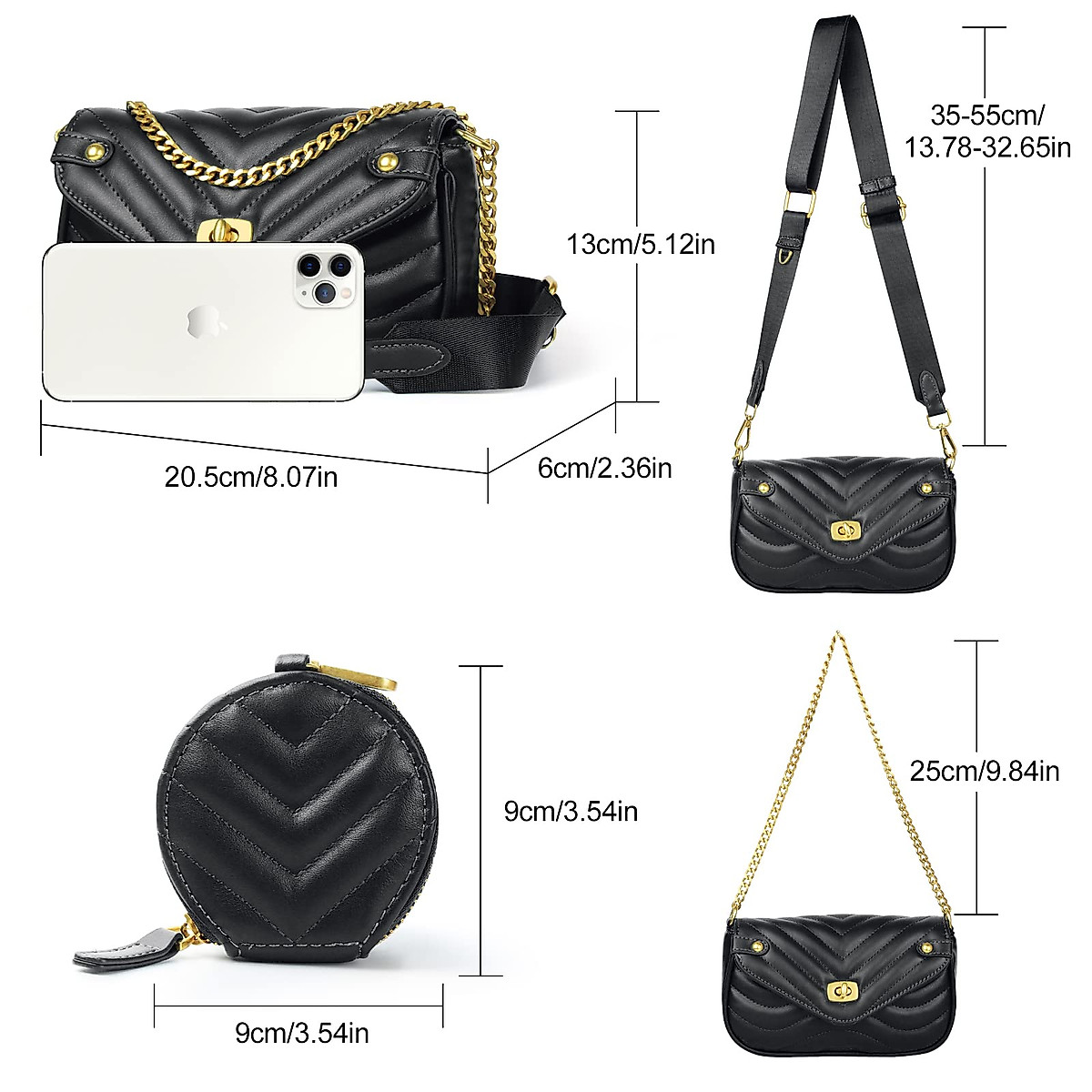 Small Quilted Crossbody Bags for Women Trendy Designer PU Leather Shoulder Bag with Coin Purse Sets Metal Chain Clutch (Black)