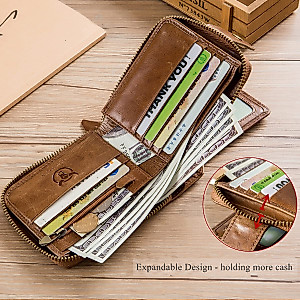 BULLCAPTAIN Genuine Leather Wallet for Men Large Capacity ID Window Card Case with Zip Coin Pocket QB-231 (Brown)