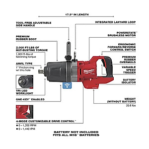 Milwaukeey Milwaukee M18 FUEL Cordless D-Handle High Torque Impact Wrench with — Tool Only, 1in. Drive, 2000 Ft./Lbs. Torque