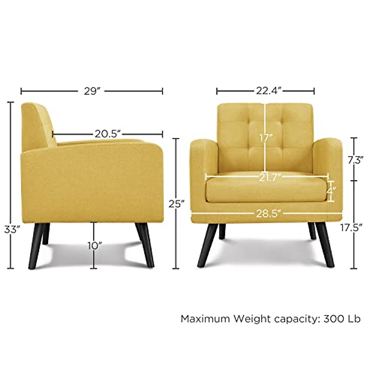 Yaheetech Mid-Century Accent Chairs, Modern Upholstered Living Room Chair, Cozy Armchair Button Tufted Back and Wood Legs for Bedroom/Office/Cafe, Yellow