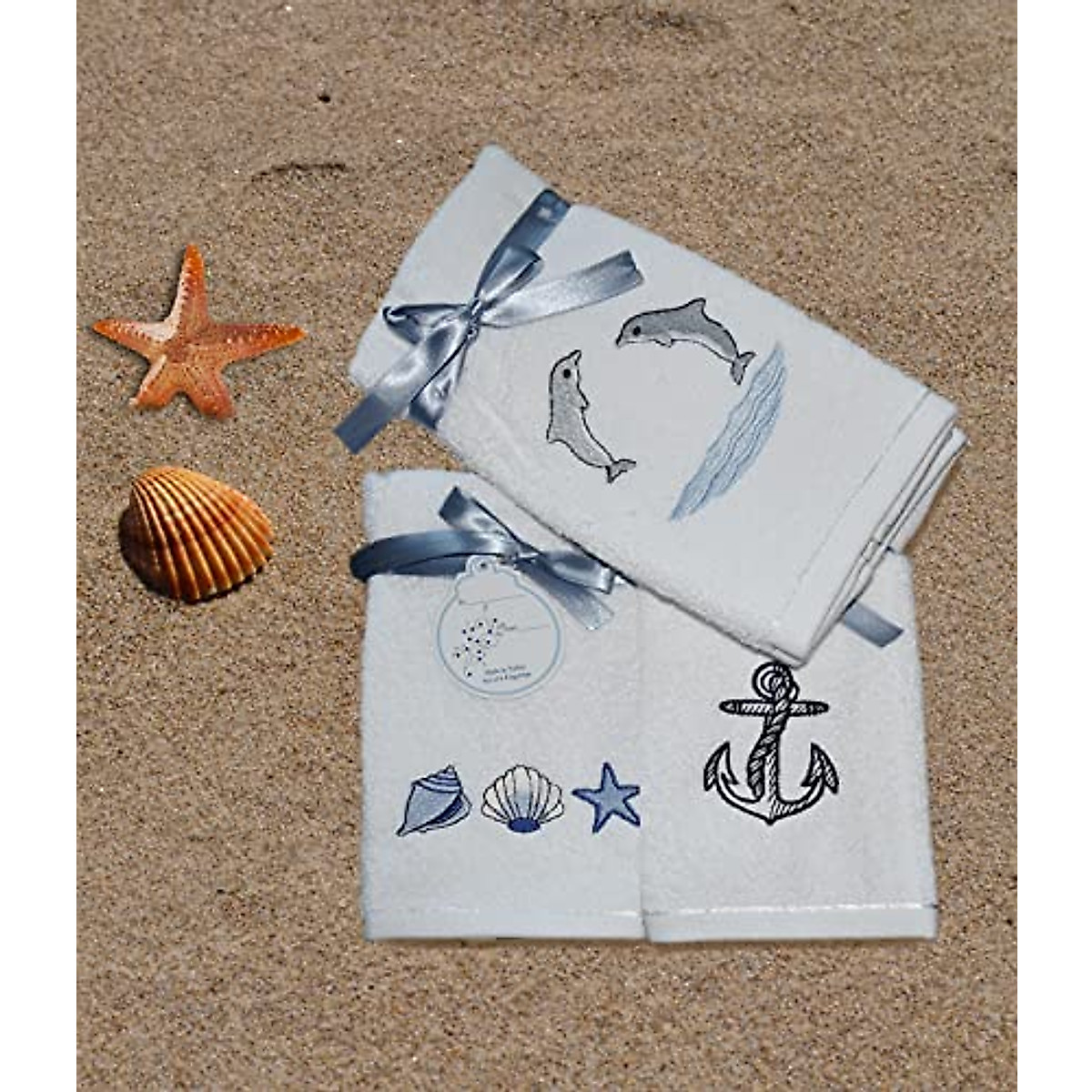 Classic Turkish Towels - Luxury Ocean Themed Fingertip Towels, 100% Turkish Cotton, Soft and Absorbent Bathroom Towels, Beach and Nautical Decor, 6-Piece Set - 12 x 20 Inches (Dolphins)