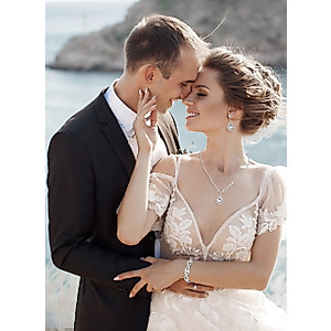 Jstyle Bridal Wedding Jewelry Set Silver Rhinestone Necklace Bracelet Dangle Earrings for Bride Bridesmaid Teardrop Pendants Crystal Prom Costume Jewelry Accessories for Women (3 piece set) A