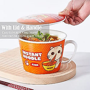 TOPWCK 34oz Large Microwavable Ceramic Ramen Bowl with Lid, Handle, Chopsticks, Cute Anime Japanese Instant Noodle Cooker Soup Bowl, Gift for Teens Kids (Cat)