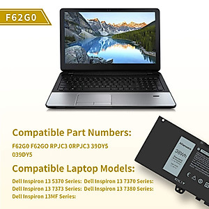 Allianwere F62G0 Replacement Laptop Battery Compatible with Dell Inspiron 13 7373 7000 7370 7380 7386 P83G P83G001 P83G002 Vostro 13 5370 D1525S D1505G R1605S D2505G Series Notebook F62GO RPJC3 39DY5