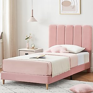 GAOMON Pink Twin Bed Frame, Velvet Upholstered Platform Bed Frame with Headboard, Strong Wooden Slats, Noise-Free,No Box Spring Needed, Easy Assembly (Pink)