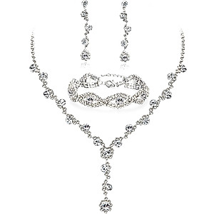 YANODA Clear Crystal Wedding Jewelry for Bride Rhinestone Necklace Earrings Bracelet Jewelry Set for Wedding Silver-Tone Bridal Bridesmaid Wedding Evening Party Prom Jewelry Set