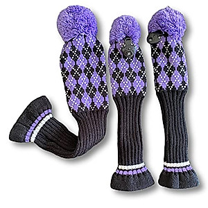 3pcs Knit Golf Club Head Covers,Golf Driver 3 5 Fairway Woods Covers, Pom Pom Golf Wood Headcovers Covers for Driver, 3 5 Woods - Purple