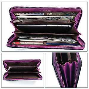 IVTG Genuine Leather Wallets for Women Long Purse Vintage Embossing Cowhide Handmade Small Clutch (Purple)