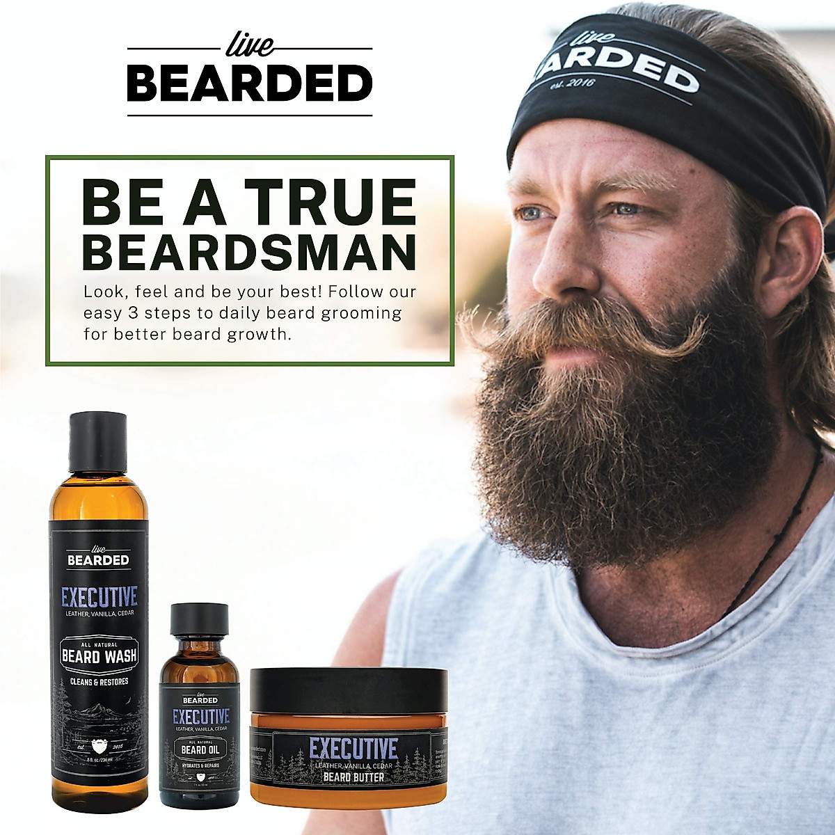 Live Bearded 3-Step Beard Grooming Kit - 1880 - Beard Wash, Beard Oil and Beard Butter - All-Natural Ingredients with Shea Butter, Jojoba Oil and More - Beard Growth Support - Made in the USA