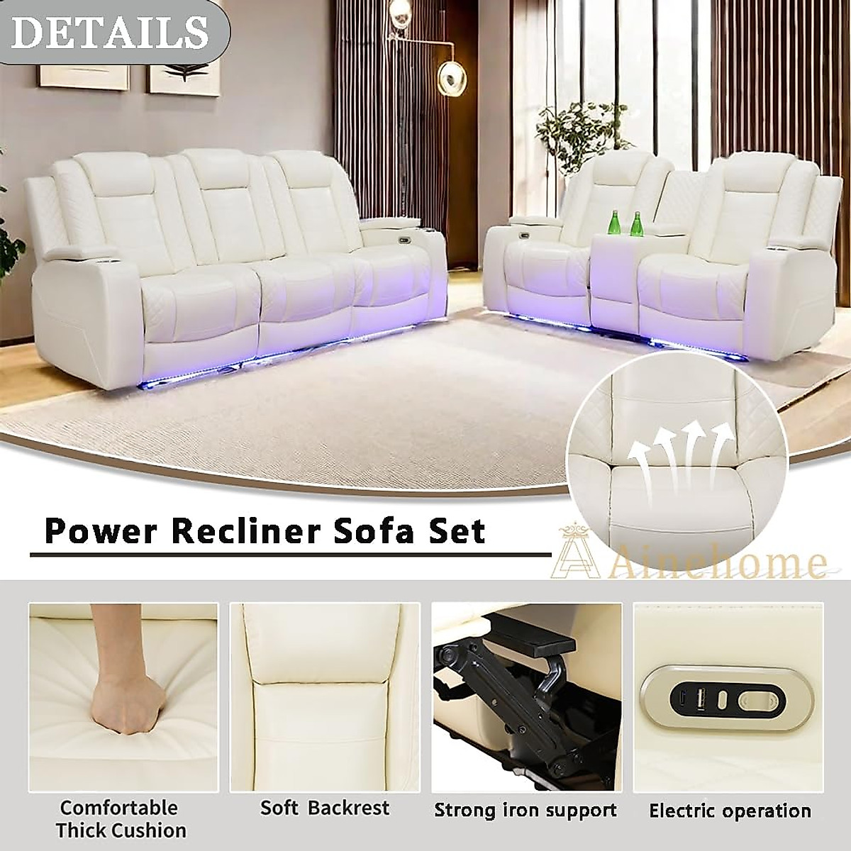 A Ainehome Power Leather Recliner Sofa Set with LED Lights, Recliner Sofa Sectional Couches for Living Room, Reclining Sofa and loveseat with USB Port/Storage Console(Creamy White,Sofa+loveseat)