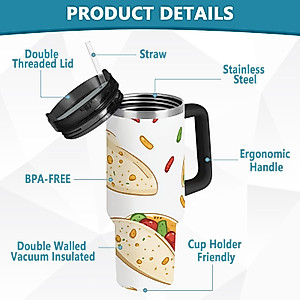 Selerdon 40 oz Tumbler Taco White with Handle and Straw Lid Vacuum Stainless Steel Insulated Water Bottle Travel Mug Car Cup Holder Friendly BPA Free for Gym Travel Office