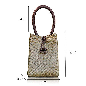 QTKJ Hand-woven Mini Retro Straw Handbag Bag Summer Beach Boho Rattan Tote Travel Bag with Wood Beaded Tassel Pendant (Beige)