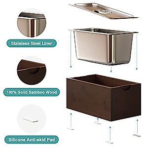 Compost Bin Kitchen, 1.6 Gal-Kitchen Compost Bin Countertop, Rust Proof Stainless Steel Insert, Countertop Compost Bin with Lid, and Bamboo Wood Box- Large Compost Bin Kitchen