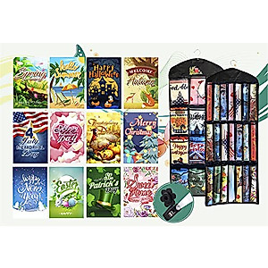 Seasonal Garden Flags Set Of 12 And Garden Flag Organizer, 12 x 18 inch Double Sided Yard Flags, 21 Pockets Of Flag Organizer. Puncture Resistant, Strong Metal Hook, Organizer Easy To See Through