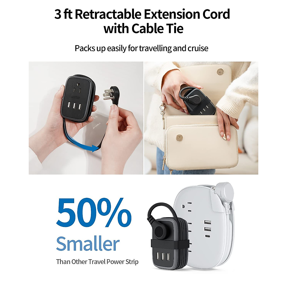 NTONPOWER Travel Power Strip with USB Ports, Portable Small Power Strip with 3FT Wrapped Flat Plug Extension Cord, 2 Outlets 3 USB Ports, Non Surge Protector for Cruise Ship Hotel Black