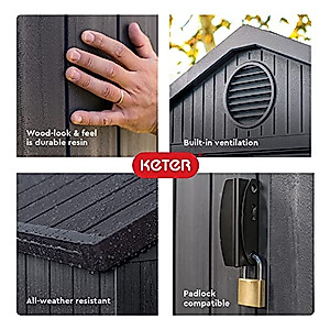Keter Darwin 6 x 8 Foot Spacious Heavy Duty Storage Shed for Organizing Garden Accessories and Outdoor Tools with Double Doors and High Ceiling, Gray