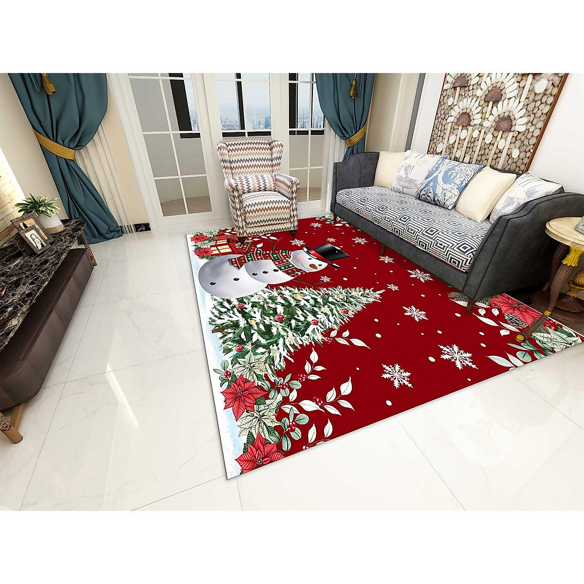 HONGXIU Christmas Red Area Rug, 5x8ft, Christmas Tree Rug, Christmas Snowman and Snowflake Winter Rug, Suitable for Dining Room Bedroom Kitchen Corridor Non-Slip Easy to Clean