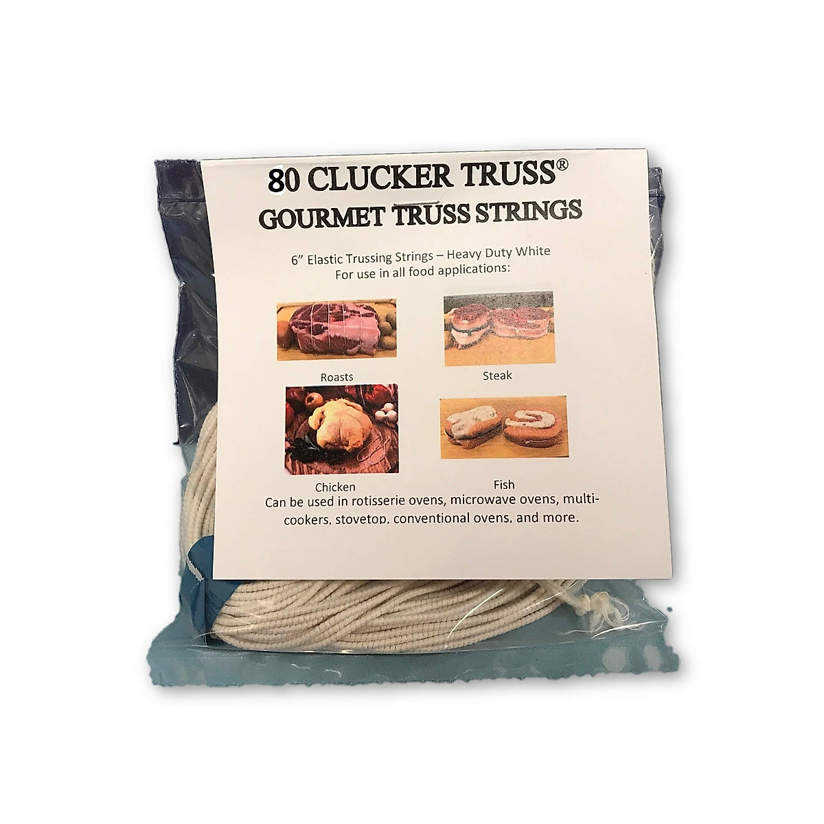 Clucker-Truss Gourmet Elastic Trussing Strings; 6 Inch White Heavy Duty (80 pack, White)