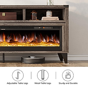 LUXOAK 65“ Fireplace TV Stand, Farmhouse Entertainment Center with 60" Tempered Glass Electric Fireplace, Industrial Media Console with Open Storage Space for TVs up to 75", Light Gray