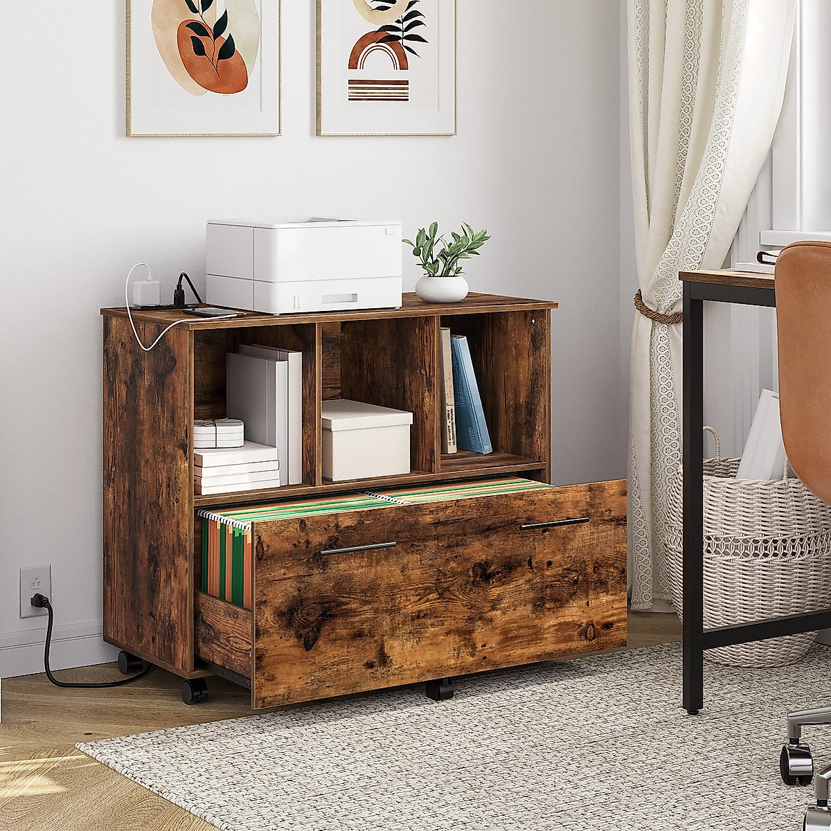 HOOBRO Wooden File Cabinet, Filing Cabinet with Charging Station, Mobile Lateral Home Office Cabinet, Rolling Printer Stand with 3 Open Compartments and Drawer, A4, Letter Size, Rustic Brown FG22UWJ01
