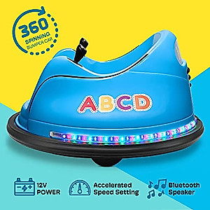 Kidzone 12V 2-Speeds Electric Ride On Bumper Car for Kids & Toddlers 1.5-5 Years Old, DIY Sticker Baby Bumping Toy Gifts W/Remote Control, LED Lights, Bluetooth & 360 Degree Spin, ASTM Certified
