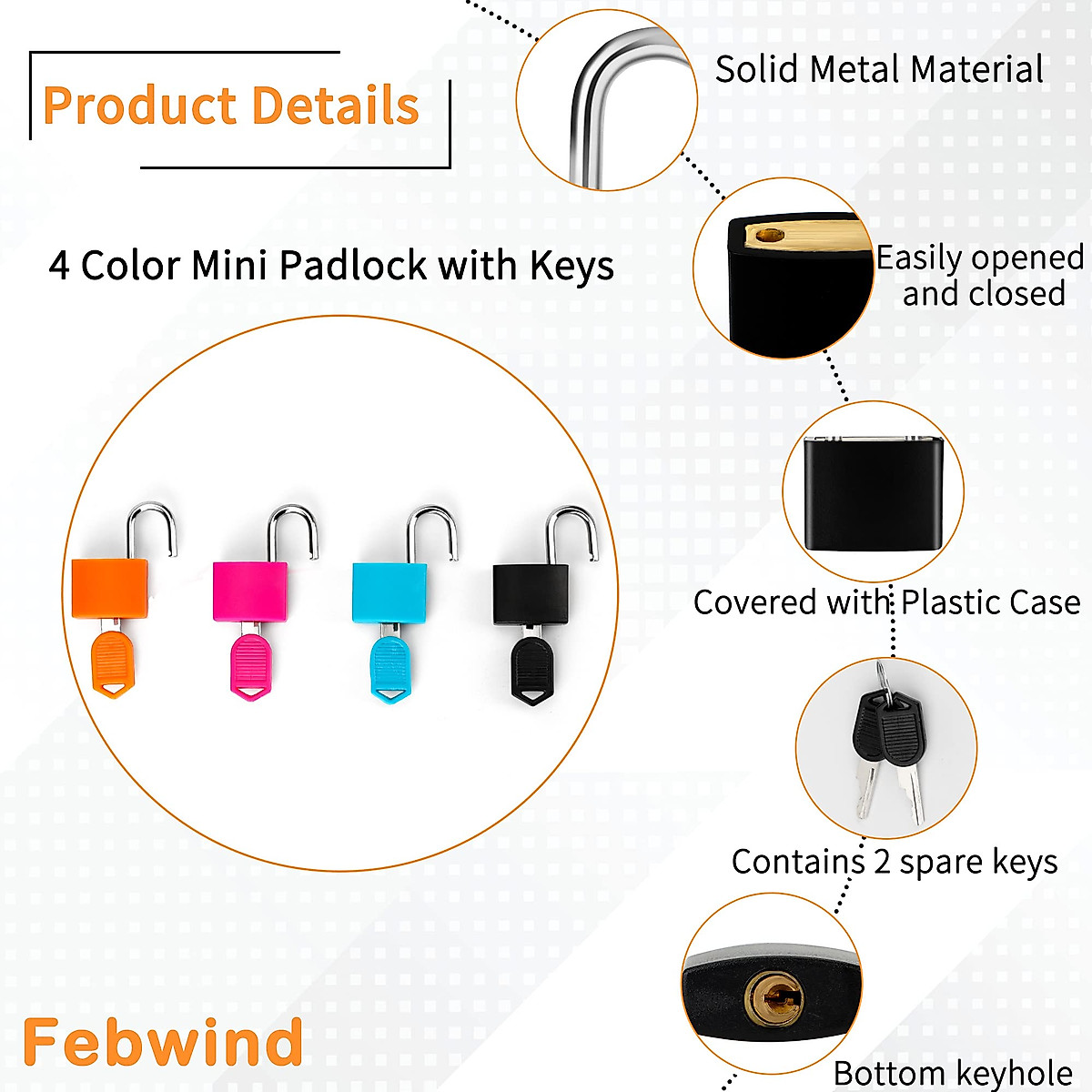 4 Pcs Suitcase Locks with Keys Multicolor Mini Keyed Padlock Febwind Metal Padlock Luggage Padlocks Plastic-Covered Copper Keyed Padlock for Suitcase, Backpack, Boxes, Laptop Bag