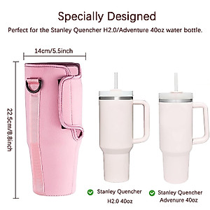Water Bottle Pouch & Water Bottle Holder with Strap Set, Adjustable Shoulder Hand Strap Removable Fanny Pack Water Bottle Accessories for Stanley Quencher H2.0 Flowstate Tumbler 30 oz 40 oz Pink