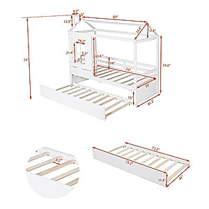Merax Twin Size House Bed for Kids Wood House Bed Frame with Trundle and Window Storage Bed Frame for Kids Teens Adults