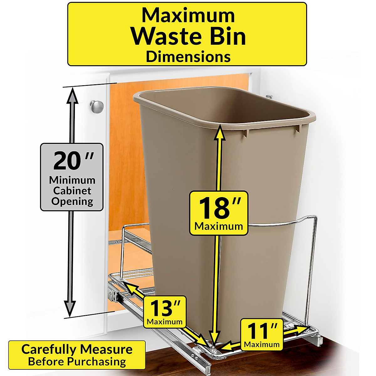 Lynk Professional® Pull Out Trash Can Under Cabinet Slide Out Organizer, Slide Out Adjustable Shelf for Trash Cans, Laundry Hampers, and Bath Bins - Chrome (Trash Can Not Included)