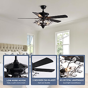 CROSSIO Modern Crystal Chandelier Ceiling Fan Gorgeous Reversible Ceiling Fan Light Fixture with Remote for Bedroom Living Room (Black-2, 50")