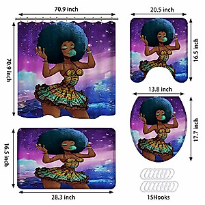 African American Woman Shower Curtains for Bathroom, 4PCS Bathroom Sets Include 1 Fabric Shower Curtain, 2 Non-Slip Bathroom Rugs and 1 Toilet Lid Cover, Black Girl Bathroom Decor (Purple)