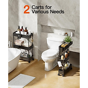 Pipishell Bathroom Cart, 2 Pack Slim Storage Cart Bathroom Organizer with Hanging Cups & Hooks, Bathroom Storage Rolling Cart for Bathroom, Laundry Room, Kitchen, Set of 2, PIUC07BK2