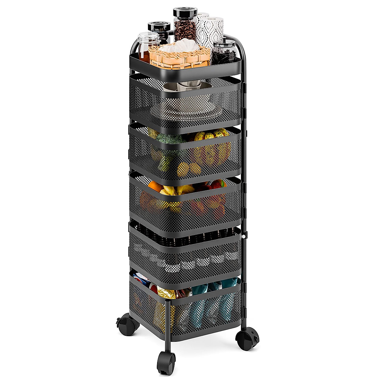 Rotating Kitchen Storage Rack , Round Metal Storage Basket Shelves, 360° Rotating Tower Organizer with Rolling Wheels, Multi-Layer Storage Shelf for Kitchen,Living,Room and Bathroom (Square 5 Layers)