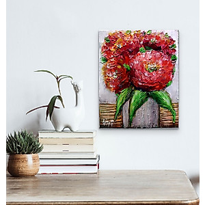 Fall Flowers Bouquet in a Rustic Vase, Red Textured Flower Green Leaves, Original Oil Painting