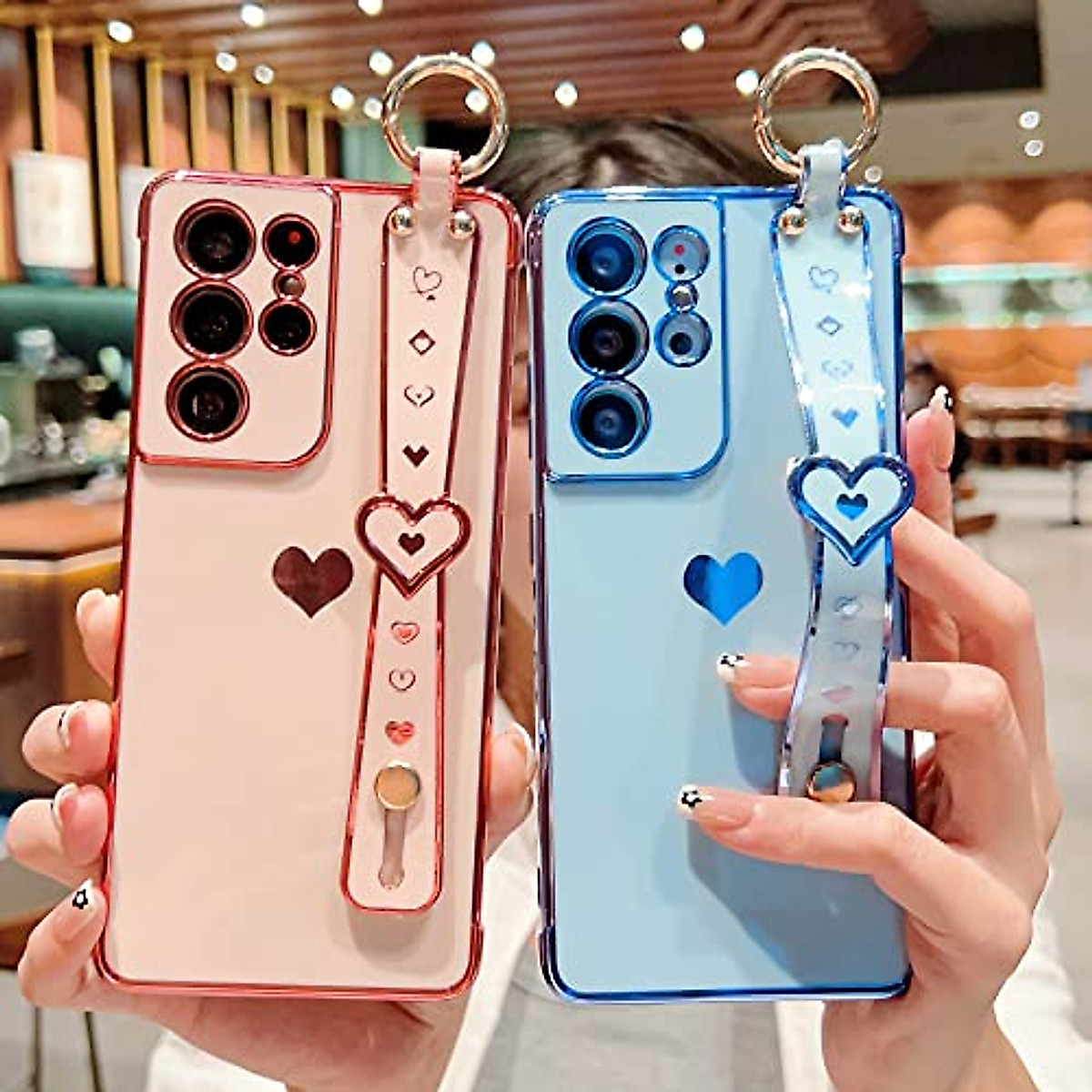phylla for Samsung Galaxy S21 Ultra 5g Phone Case with Electroplated Cute Hearts Wrist Strap Kickstand Luxury Love Heart Full Camera Protection Cover Soft Shockproof Holder Bumper (Pink)