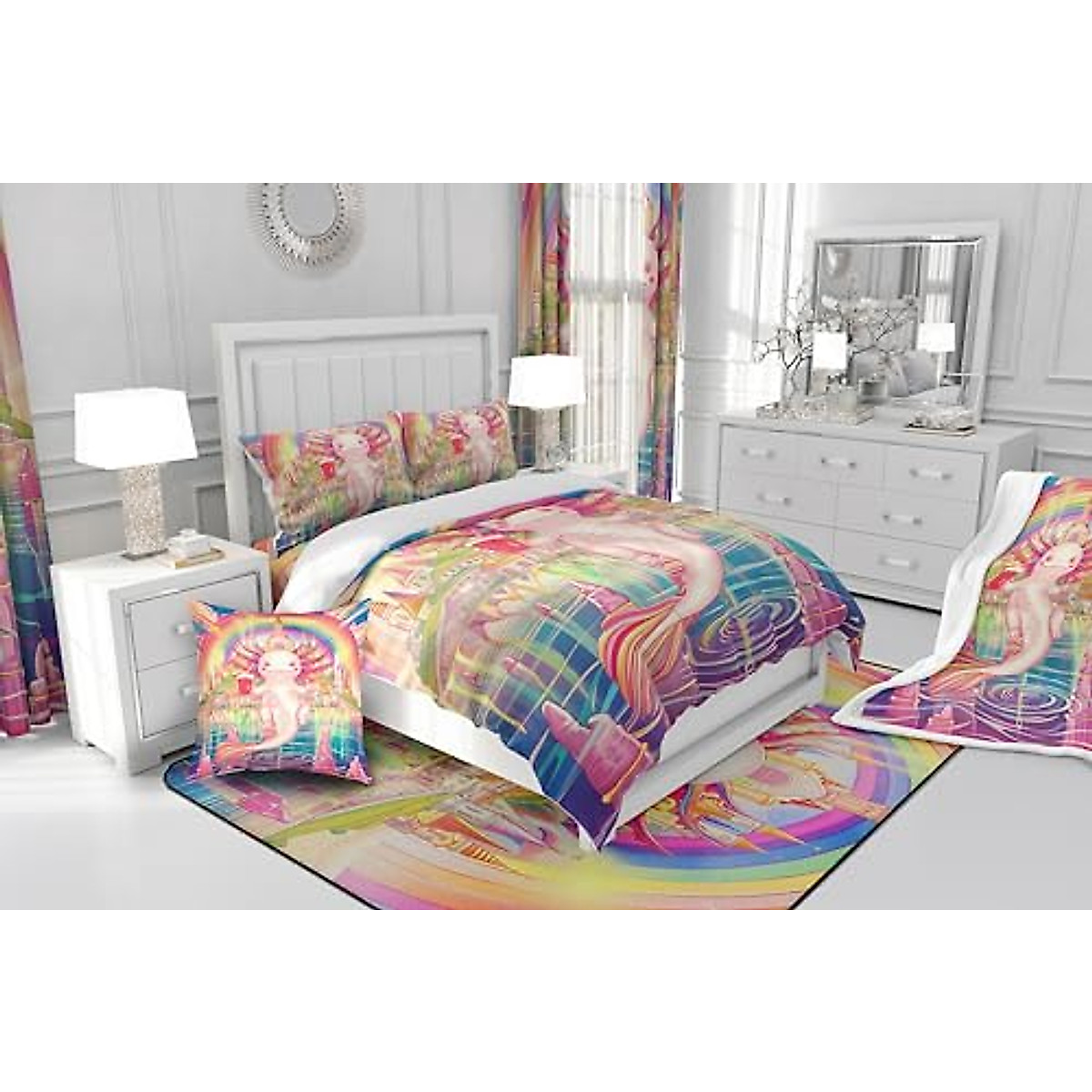 Feelyou Cartoon Axolotl Duvet Cover Ocean Animal Bedding Set for Kids Boys Girls Rainbow Castle Comforter Cover Cute Sea Animal Bedspread Cover with 1 Pillowcase 2Pcs Bedding Toddler,No Comforter