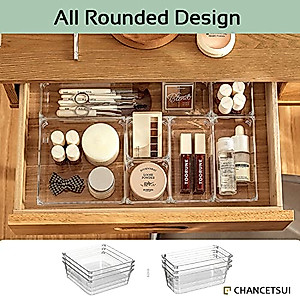 CHANCETSUI 10 pcs Desk Drawer Organizer Non-Slip Organiser Trays, 4-Size Clear Plastic Drawer Storage Boxes, Drawer Organizer Dividers for Makeup, Kitchen, Bedroom, Bathroom, Office